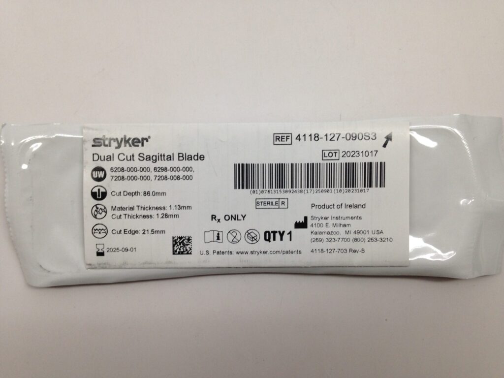 STRYKER 4118-127-090S3 Dual Cut Sagittal Blade, 86.0mm x 1.13mm x 1 ...