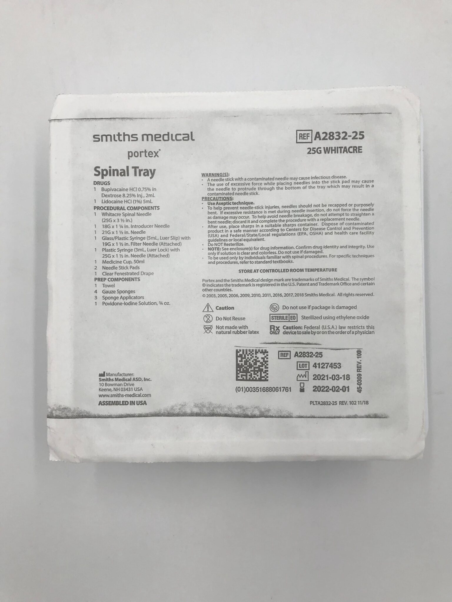 SMITHS MEDICAL A2832-25 Portex Spinal Tray 25G (X) - GB TECH USA