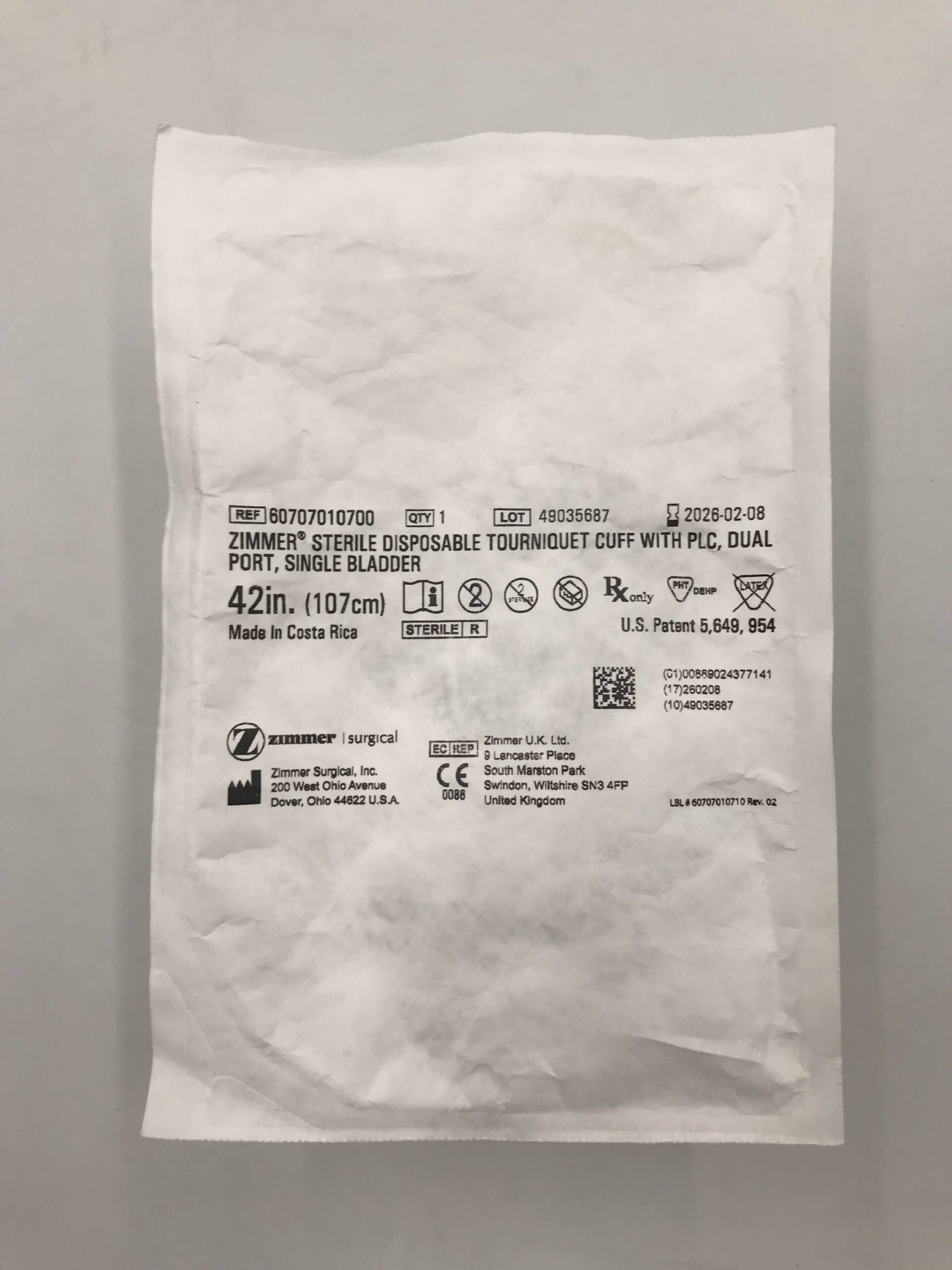 ZIMMER 60707010700 Disposable Tourniquet Cuff w/ PLC Dual Port, Single ...