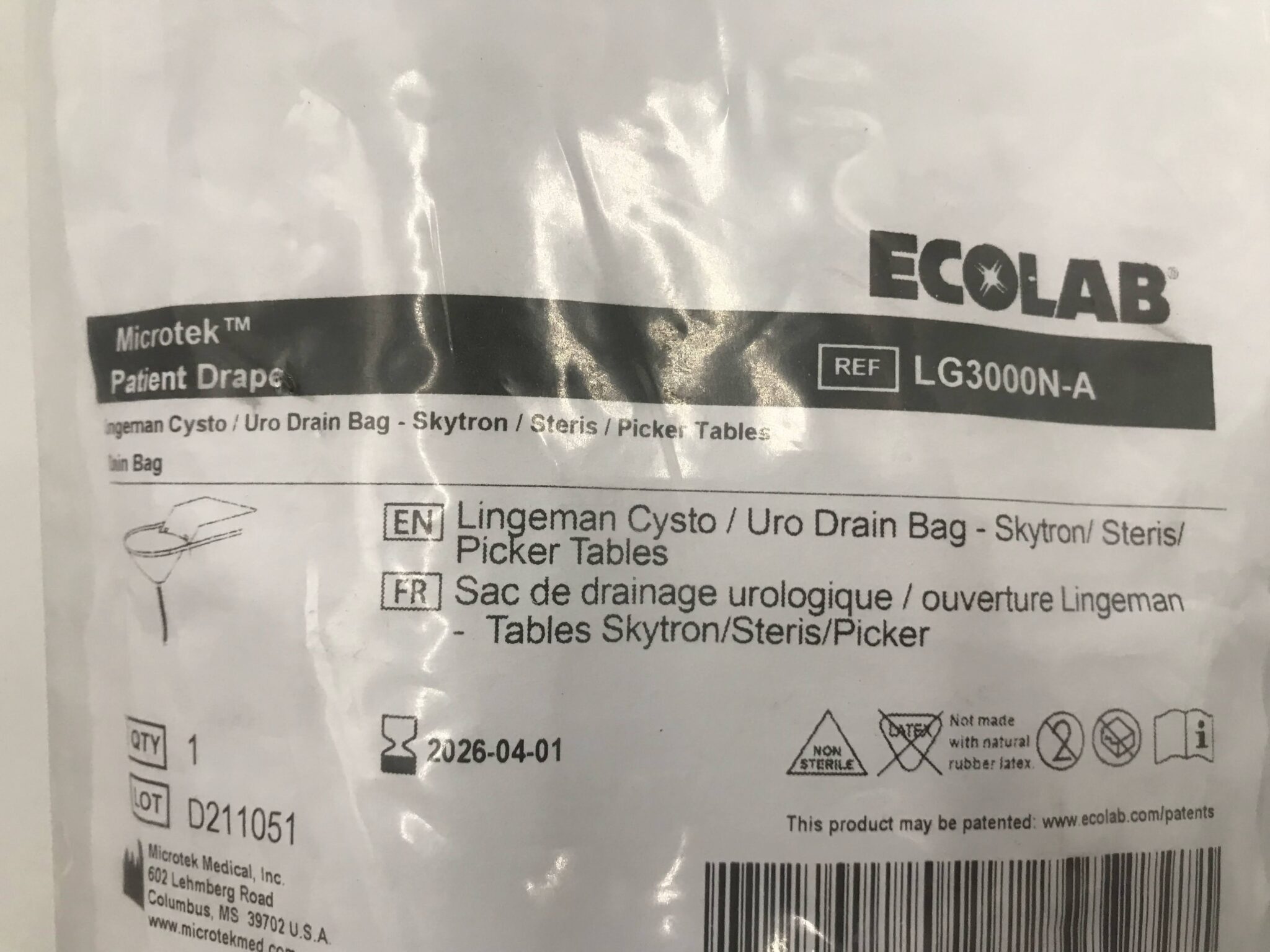 Microtek LG3000N-A Ecolab Patient Drape Drain Bag - GB TECH USA