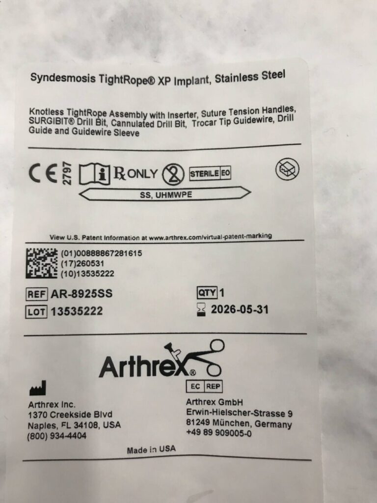 Arthrex AR-8925SS Syndesmosis TightRope XP Implant Stainless Steel ...