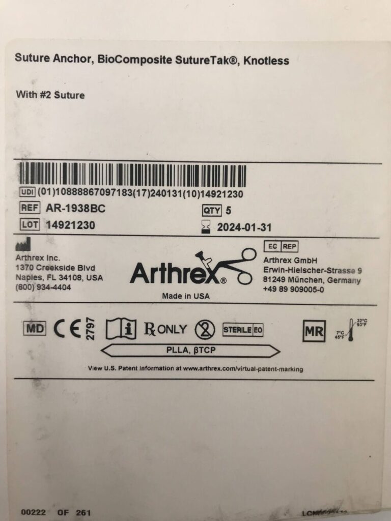 Arthrex AR-1938BC Suture Anchor BioComposite SutureTak Knotless (5/Box ...