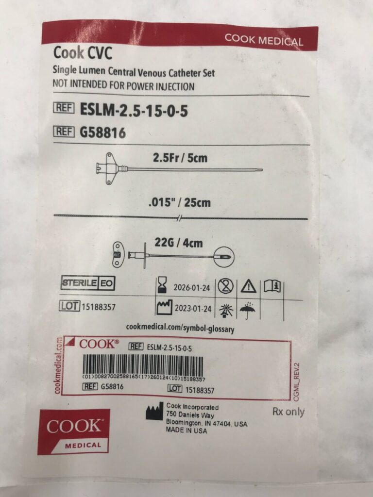 COOK G58816 CVC Single Lumen Central Venous Catheter Set 2.5F/5cm - GB ...