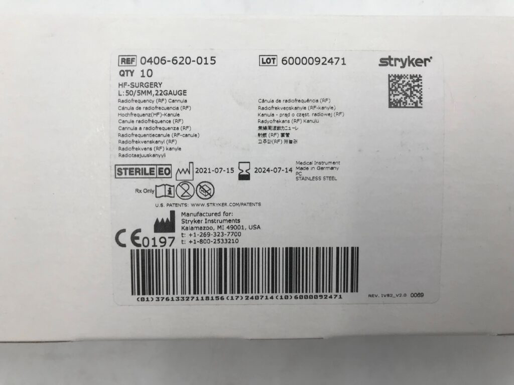 STRYKER 0406-620-015 HF-Surgery Radiofrequency Cannula 50/5mm x 22G (10 ...