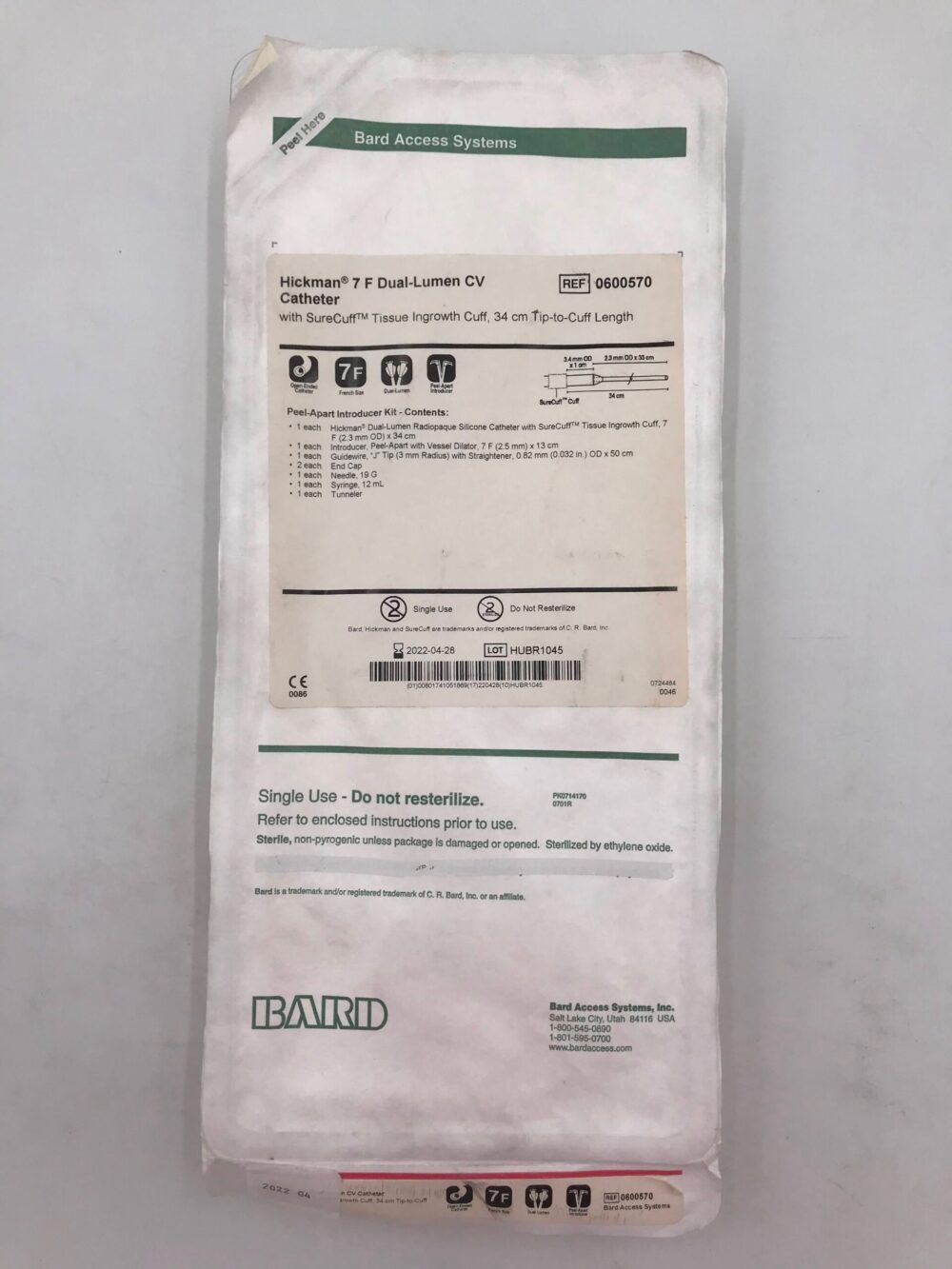 BARD 0600570 Hickman Dual-Lumen CV Catheter w/ SureCuff 7F x 35cm (X ...