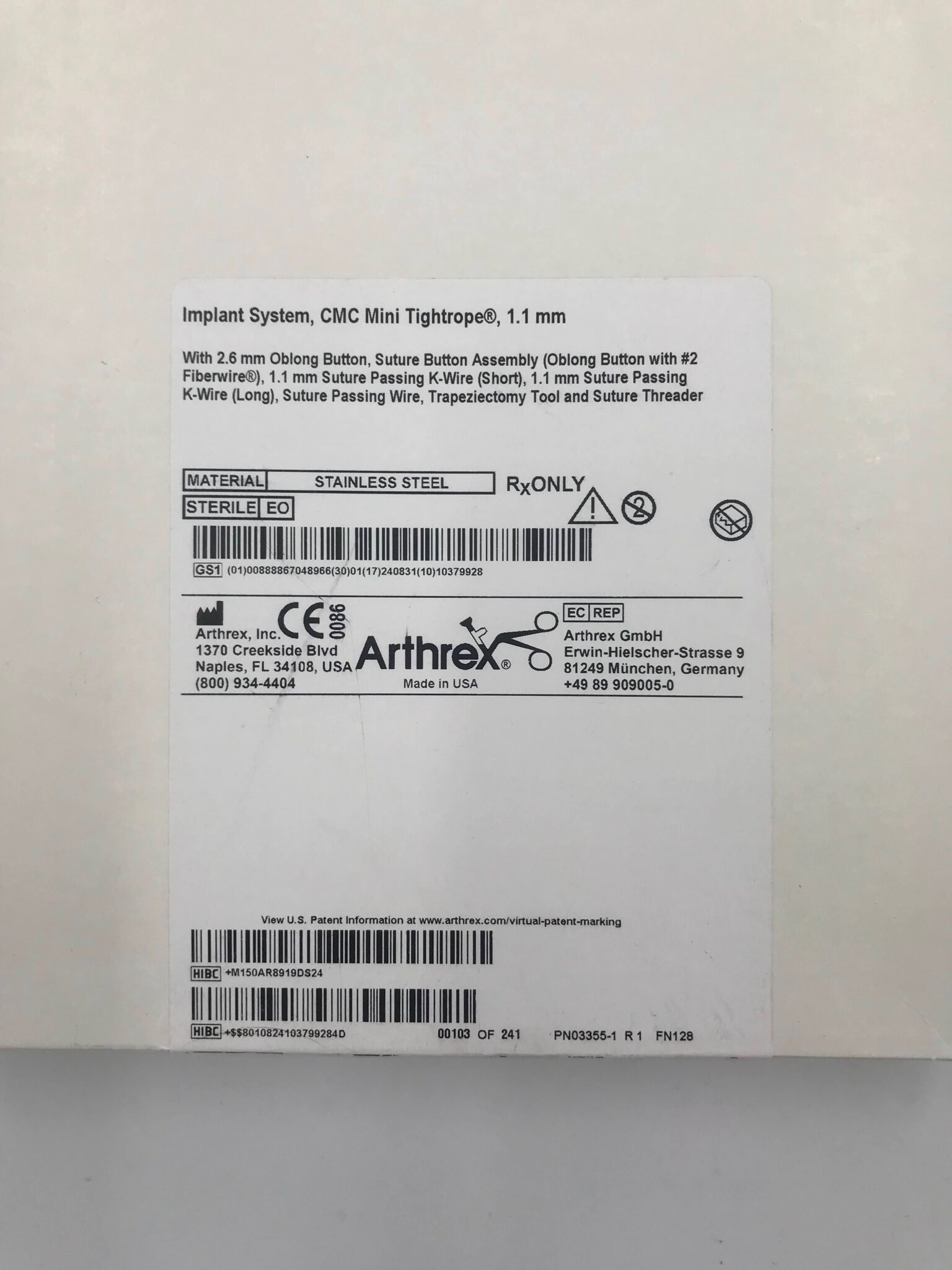 ARTHREX AR-8919DS Implant System, CDC Mini Tightrope 1.1mm (X) - GB ...
