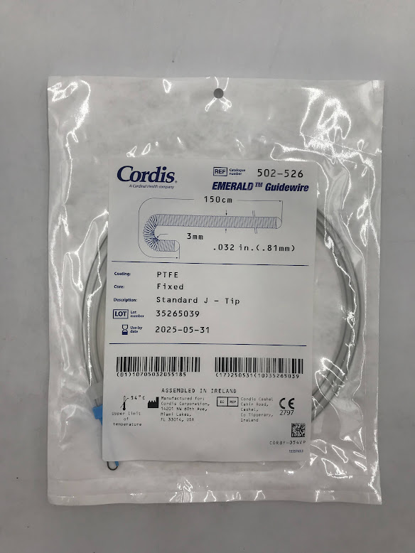 CORDIS 502-526 Emerald Guidewire PTFE Fixed Standard J-Tip 3mm x 150cm ...