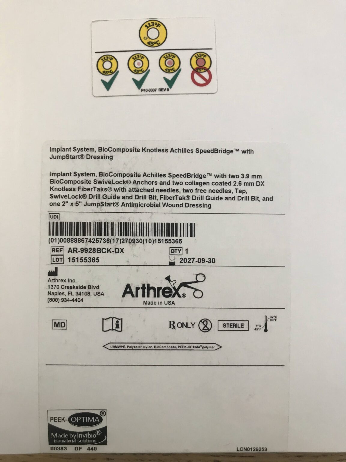 ARTHREX AR-9928BCK-DX Implant System, BioComposite Knotless Achilles SpeedBridge w/ JumpStart ...