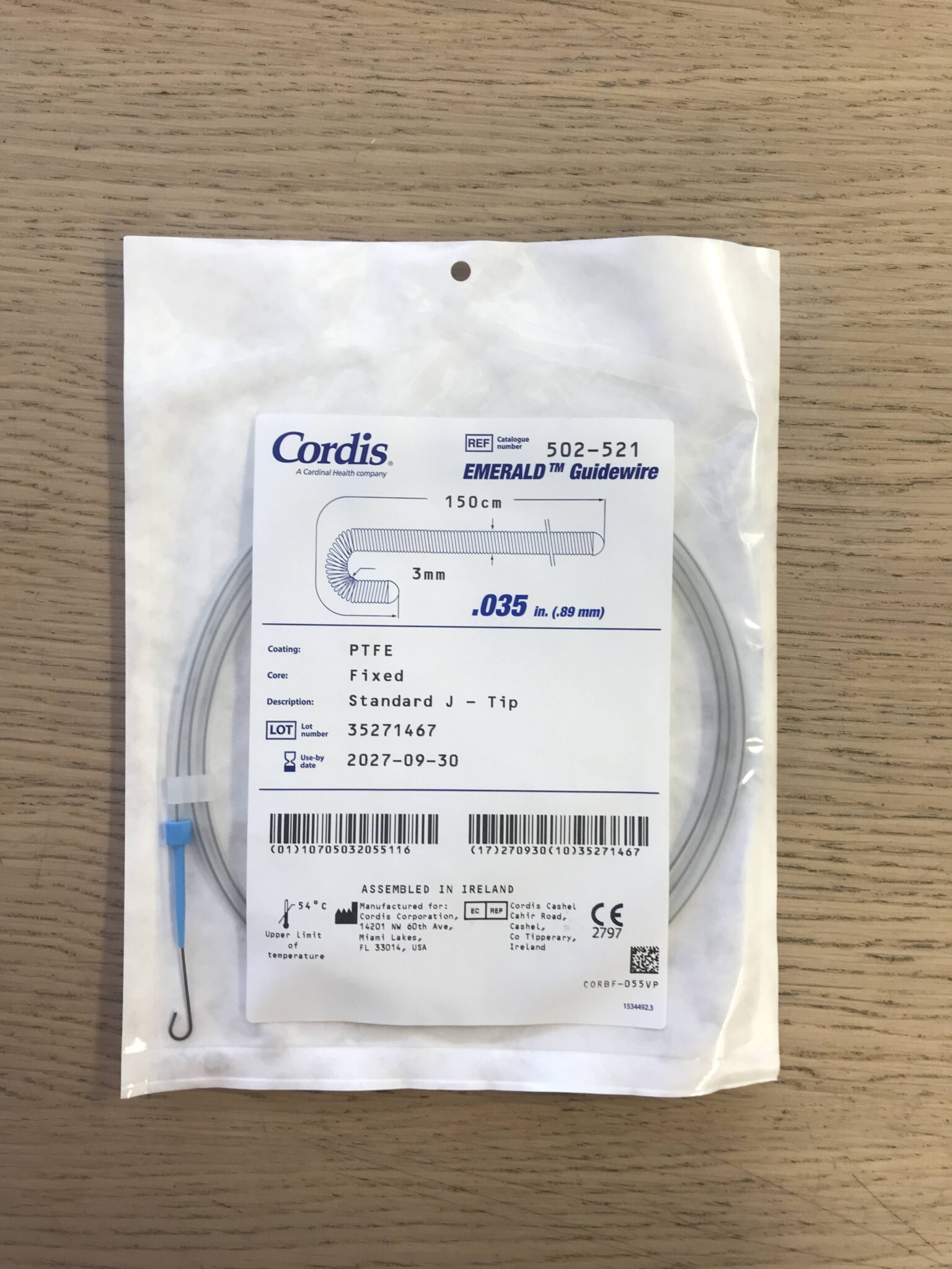 CORDIS 502-521 Emerald Fixed PTFE Standard J-Tip Guidewire .35in - GB ...
