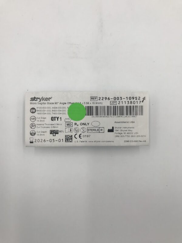 STRYKER INSTRUMENTS 2296-003-109S2 Micro Sagittal Blade 90 Degree Angle ...